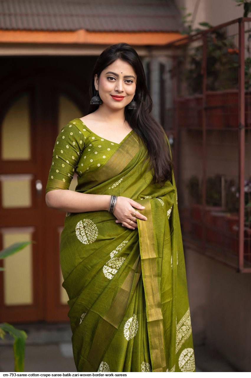 CM-793 Saree cotton Crape saree Batik zari woven border work sarees