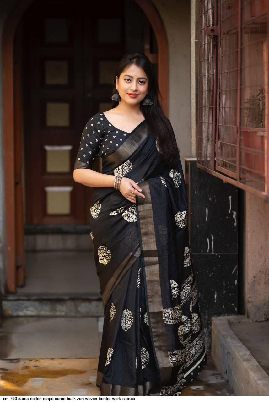 CM-793 Saree cotton Crape saree Batik zari woven border work sarees