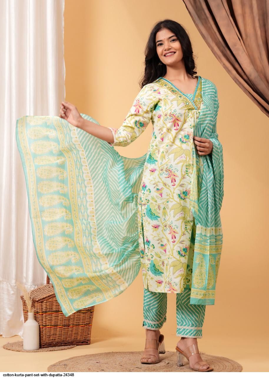 cotton Kurta pant set with dupatta 24348