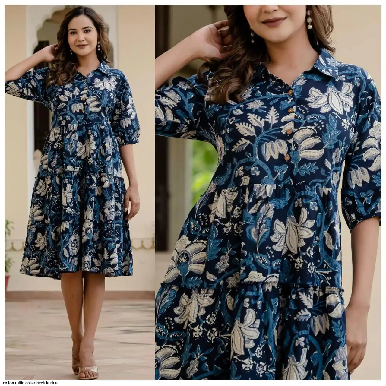 COTTON RUFFLE COLLAR NECK KURTI A