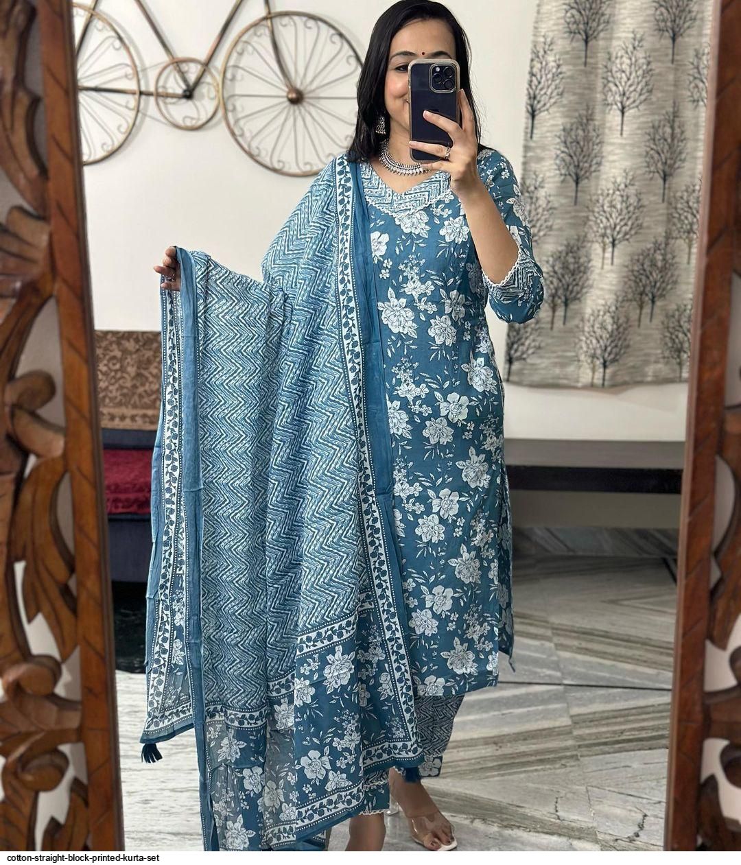 Cotton straight block printed kurta set