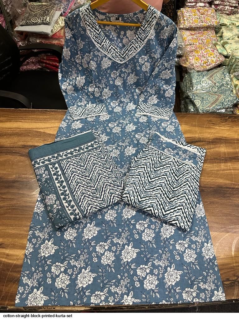 Cotton straight block printed kurta set