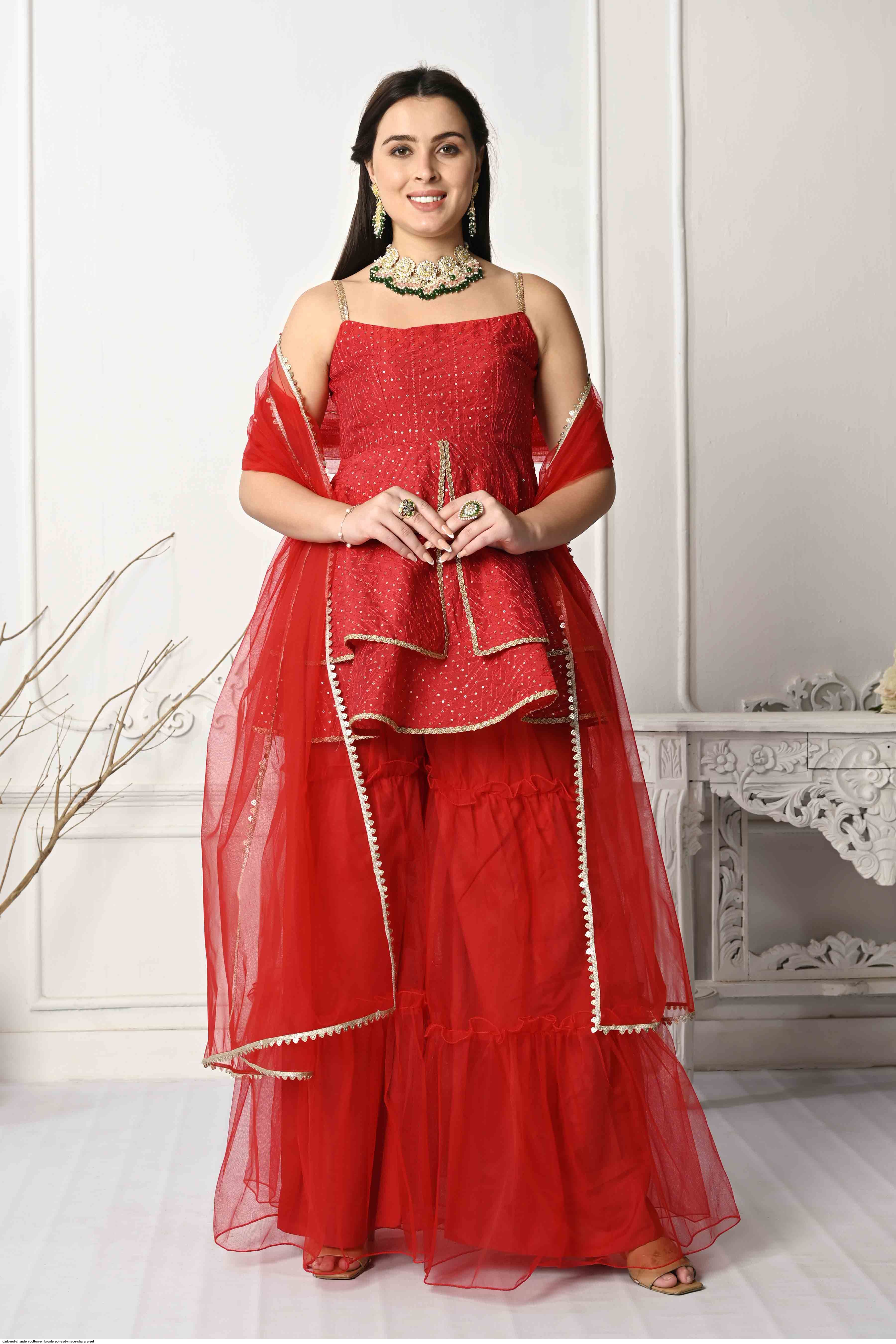 Dark Red Chanderi Cotton Embroidered READYMADE Sharara Set