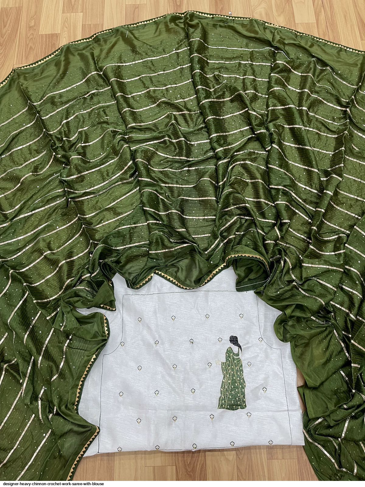 designer heavy chinnon crochet work saree with blouse