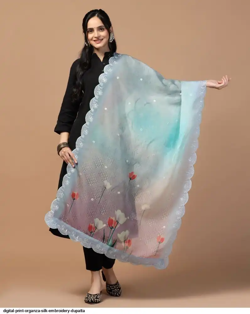 Digital print Organza silk Embroidery dupatta
