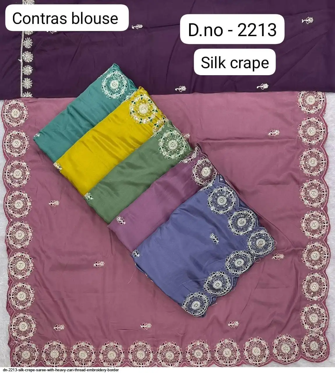 No-2213 Silk Crepe Saree with Zari Thread Embroidery Border | Wholesale