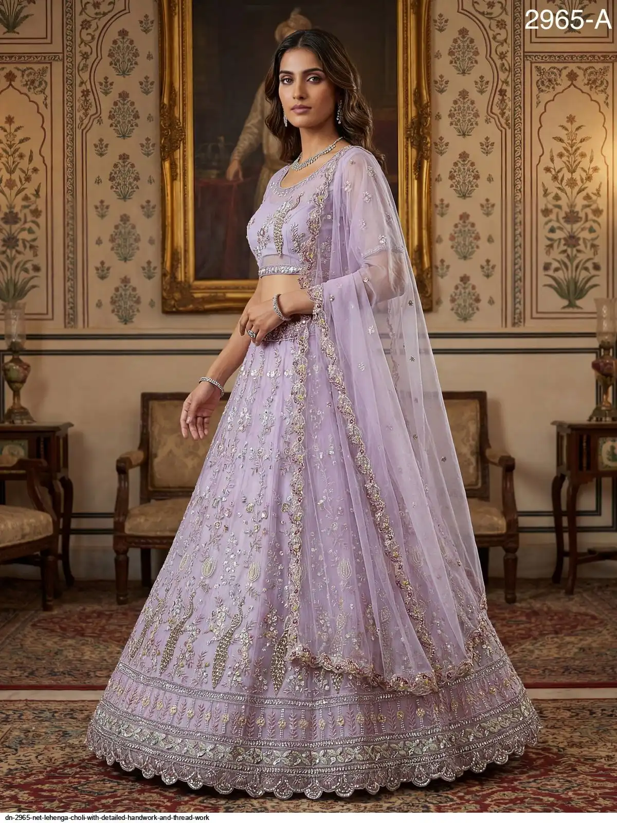 DN 2965 Net Lehenga Choli with Detailed Handwork and Thread Work