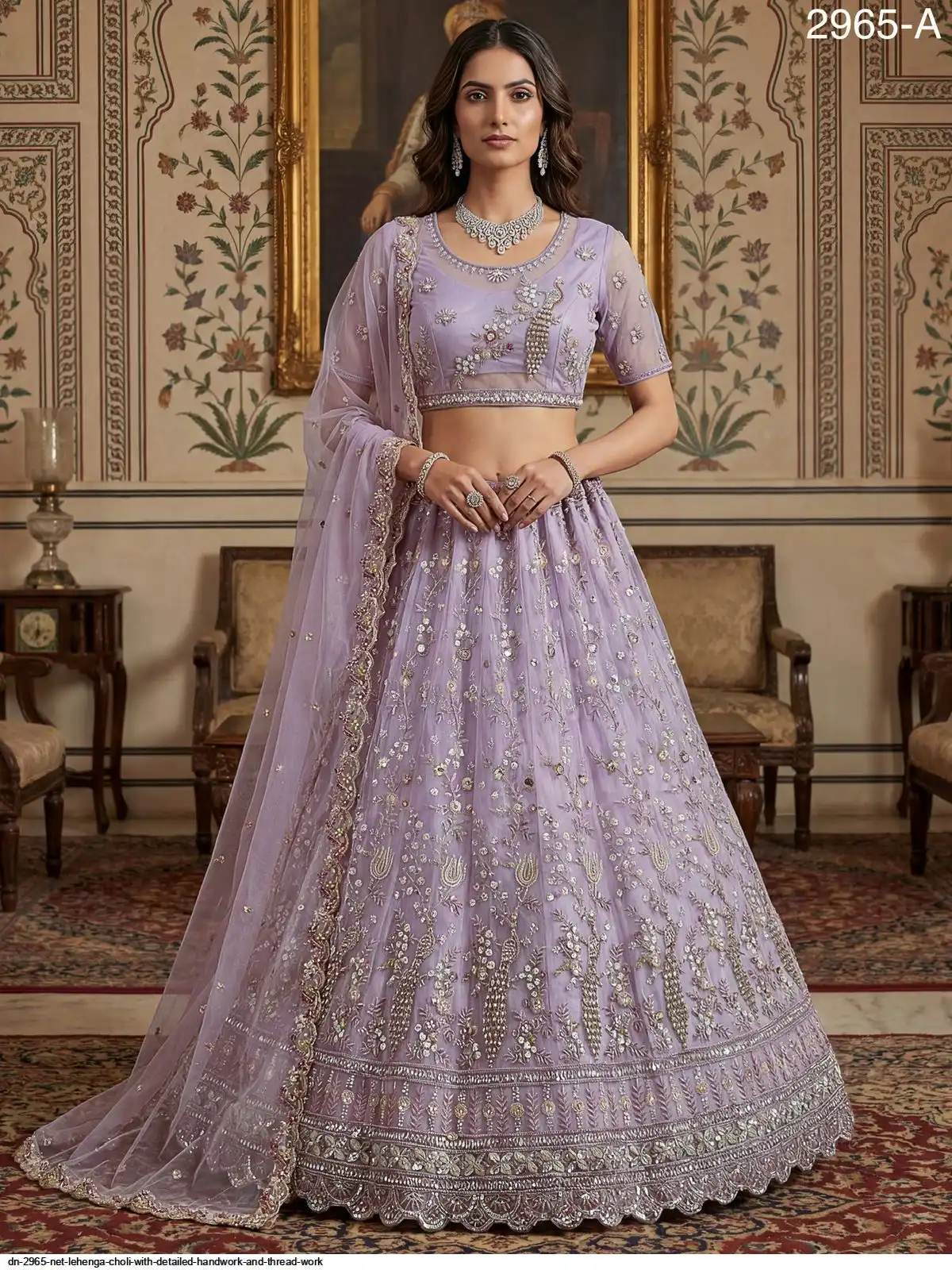 DN 2965 Net Lehenga Choli with Detailed Handwork and Thread Work