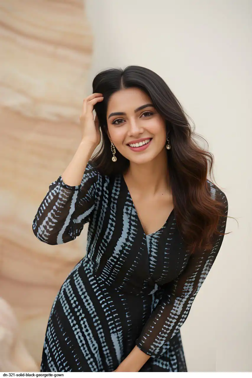 Design No. 321 Solid Black Georgette Gown – V Neck, 3/4 Flared Sleeve ...