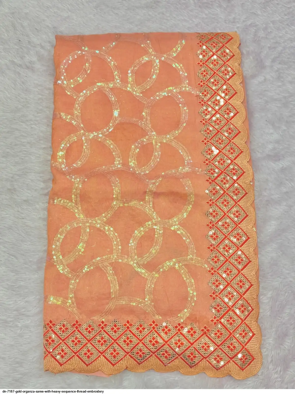 Gold Organza Saree with Sequins Thread Work | Wholesale