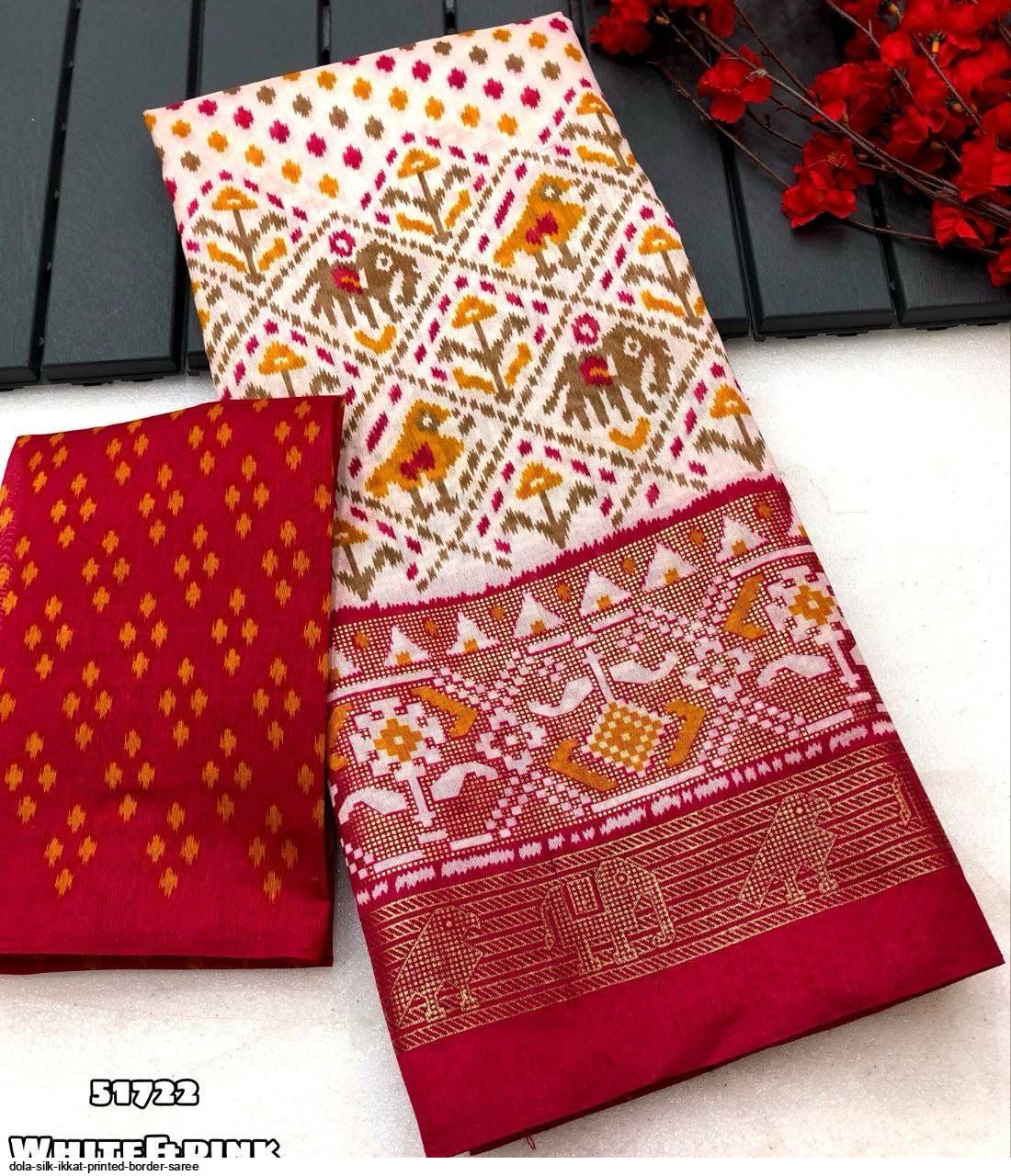 Dola silk ikkat printed border SAREE
