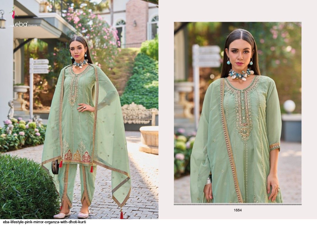 EBA LIFESTYLE PINK MIRROR ORGANZA WITH DHOTI KURTI