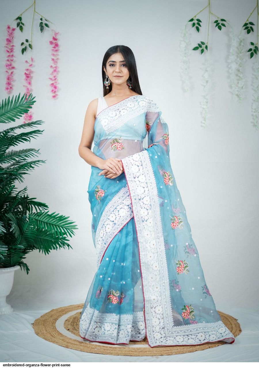 Embroidered organza flower print saree