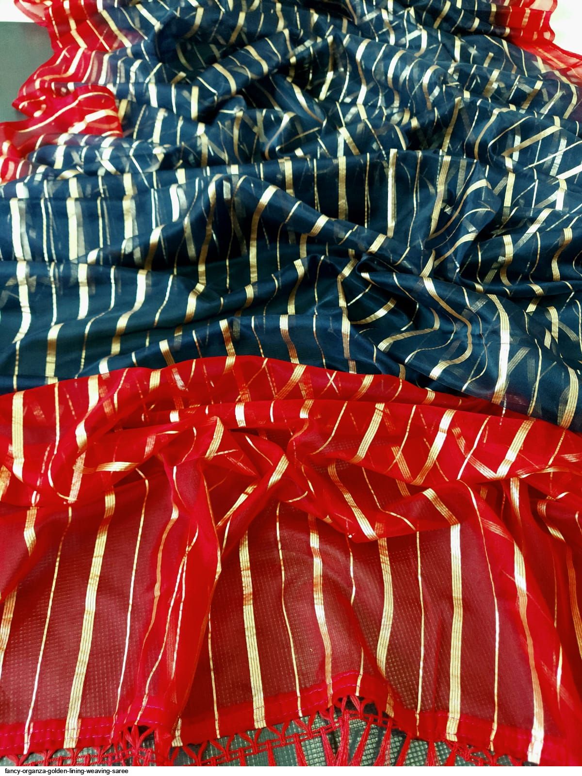 FANCY ORGANZA GOLDEN LINING WEAVING SAREE