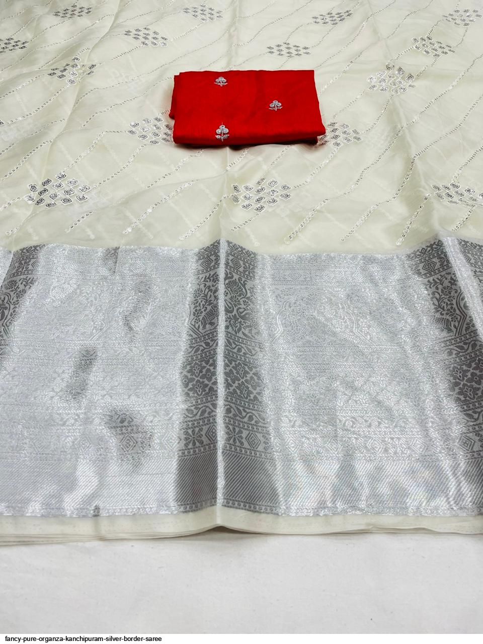 FANCY PURE ORGANZA KANCHIPURAM SILVER BORDER SAREE