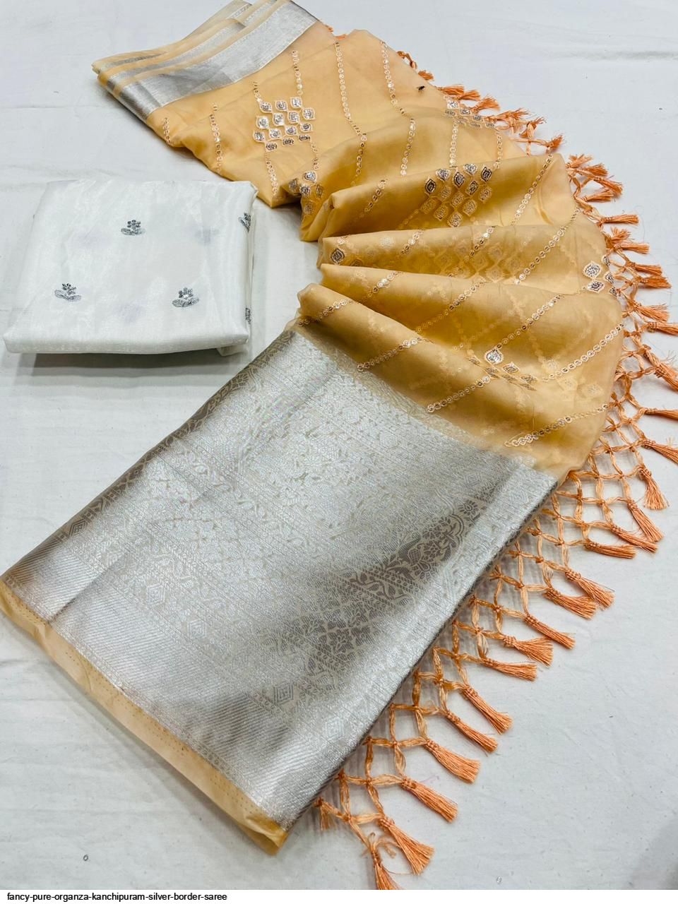 FANCY PURE ORGANZA KANCHIPURAM SILVER BORDER SAREE