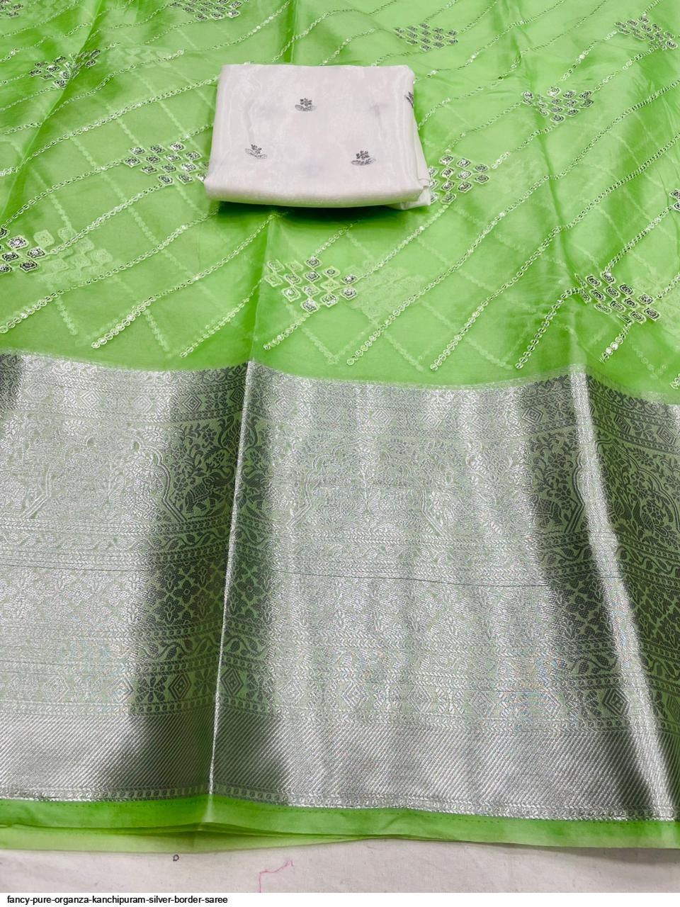 FANCY PURE ORGANZA KANCHIPURAM SILVER BORDER SAREE