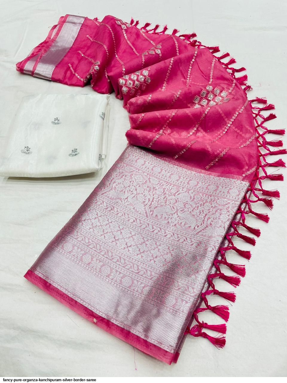 FANCY PURE ORGANZA KANCHIPURAM SILVER BORDER SAREE