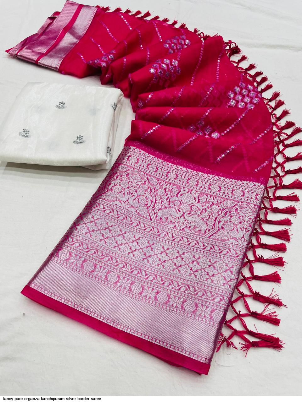 FANCY PURE ORGANZA KANCHIPURAM SILVER BORDER SAREE