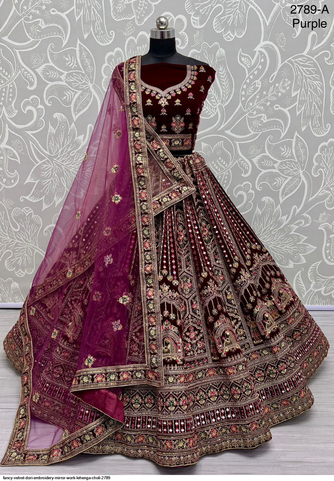 Fancy Velvet Dori embroidery mirror work LEHENGA CHOLI 2789