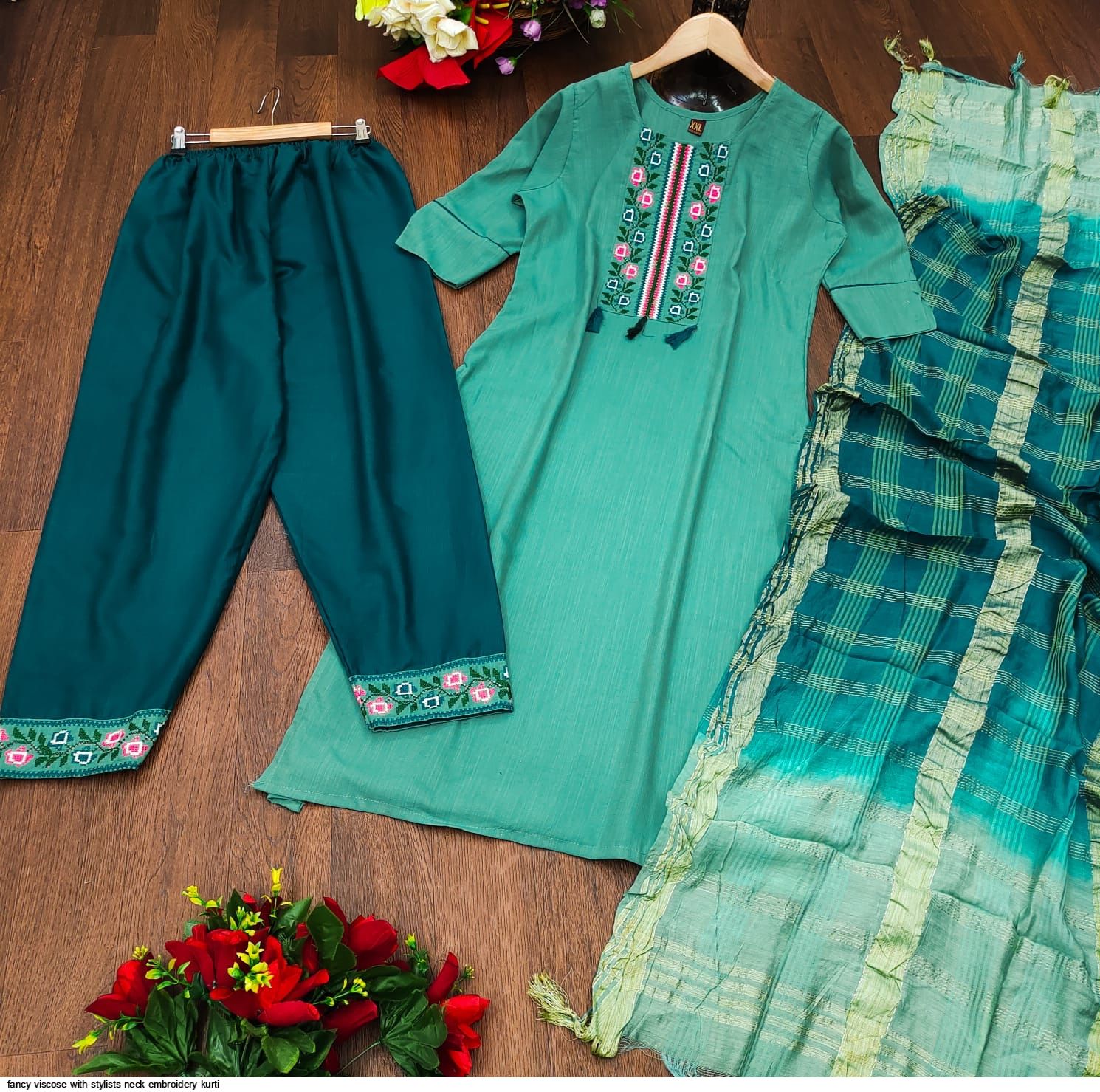 Fancy viscose With Stylists Neck Embroidery kurti