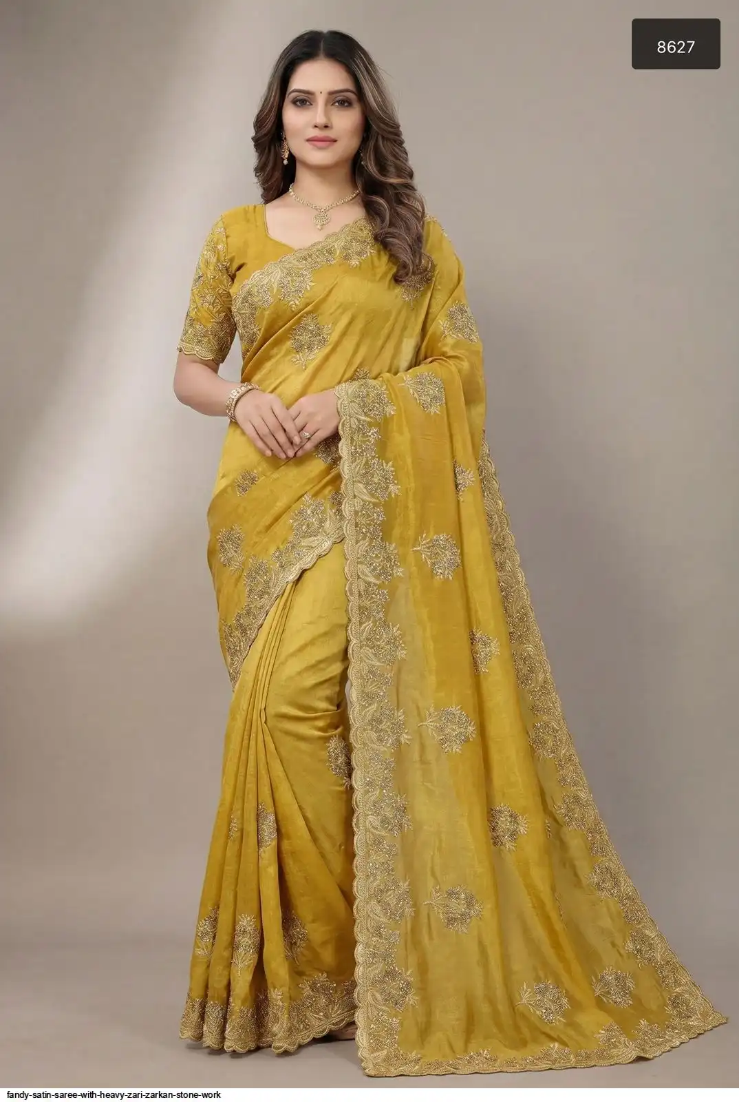 Fandy Satin Saree with Zari Zarkan Stone Work | Wholesale Sarees