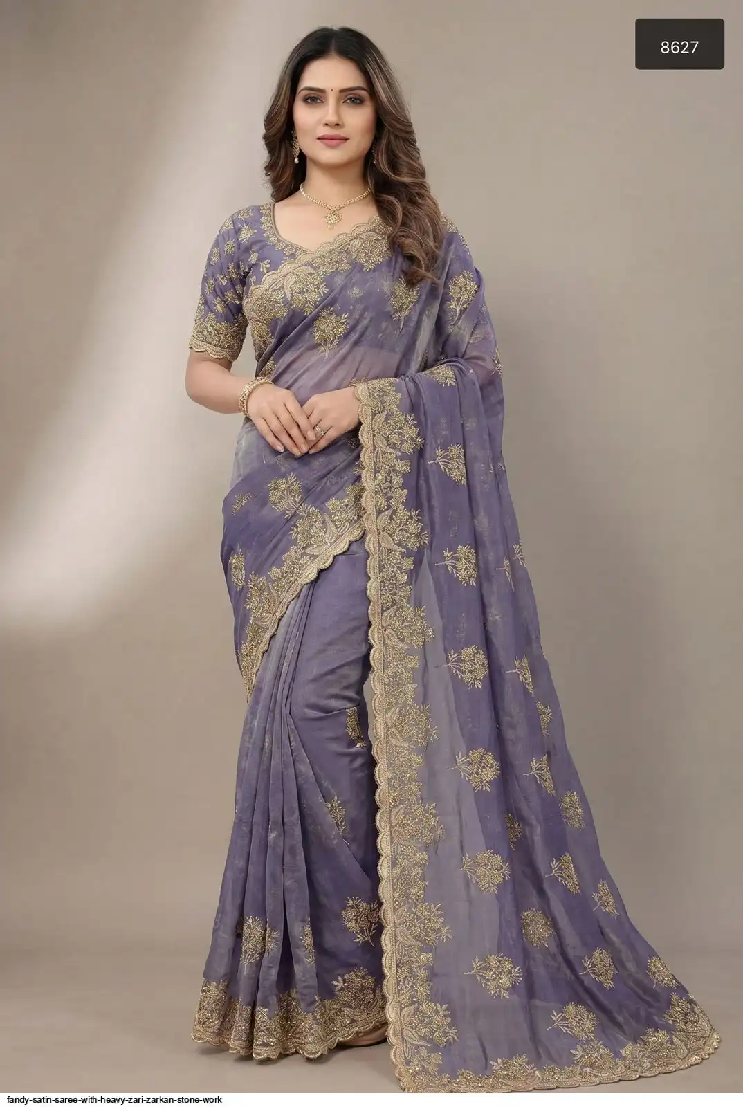 Fandy Satin Saree with Zari Zarkan Stone Work | Wholesale Sarees