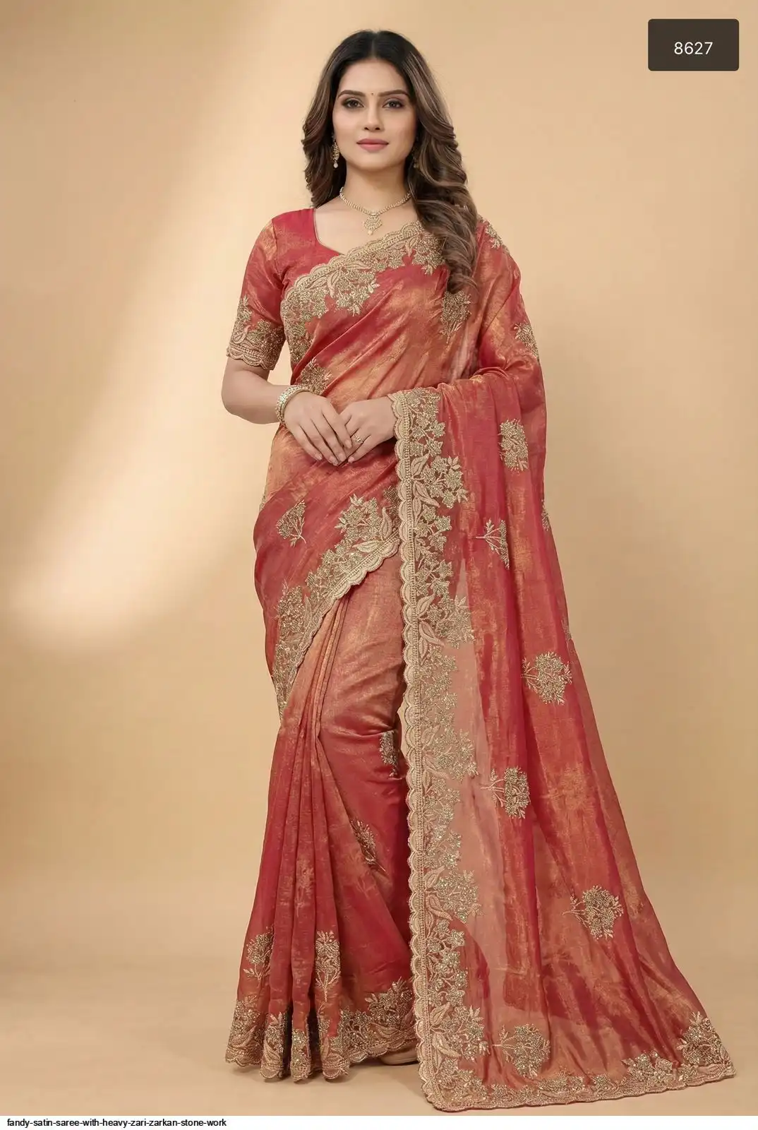 Fandy Satin Saree with Zari Zarkan Stone Work | Wholesale Sarees