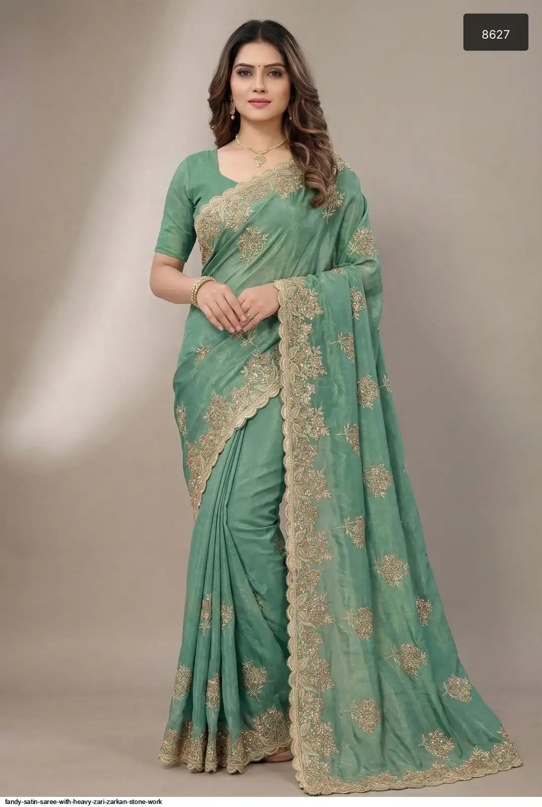 Fandy Satin Saree with Zari Zarkan Stone Work | Wholesale Sarees