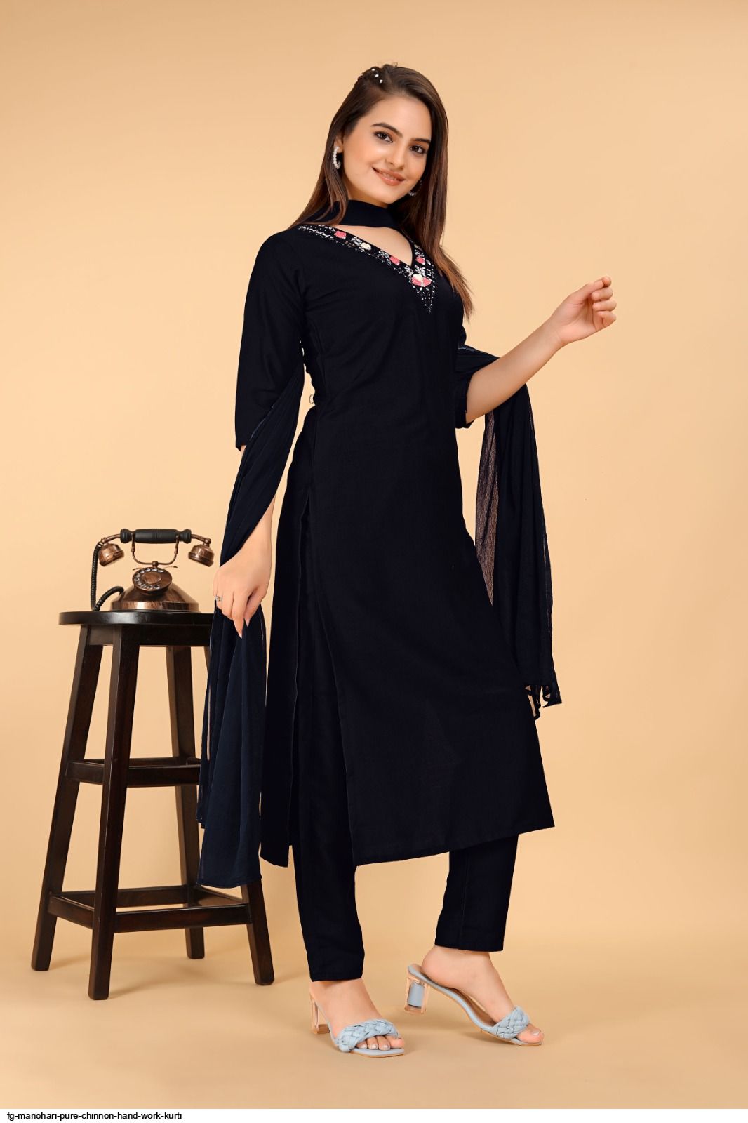 FG MANOHARI Pure CHINNON Hand Work kurti