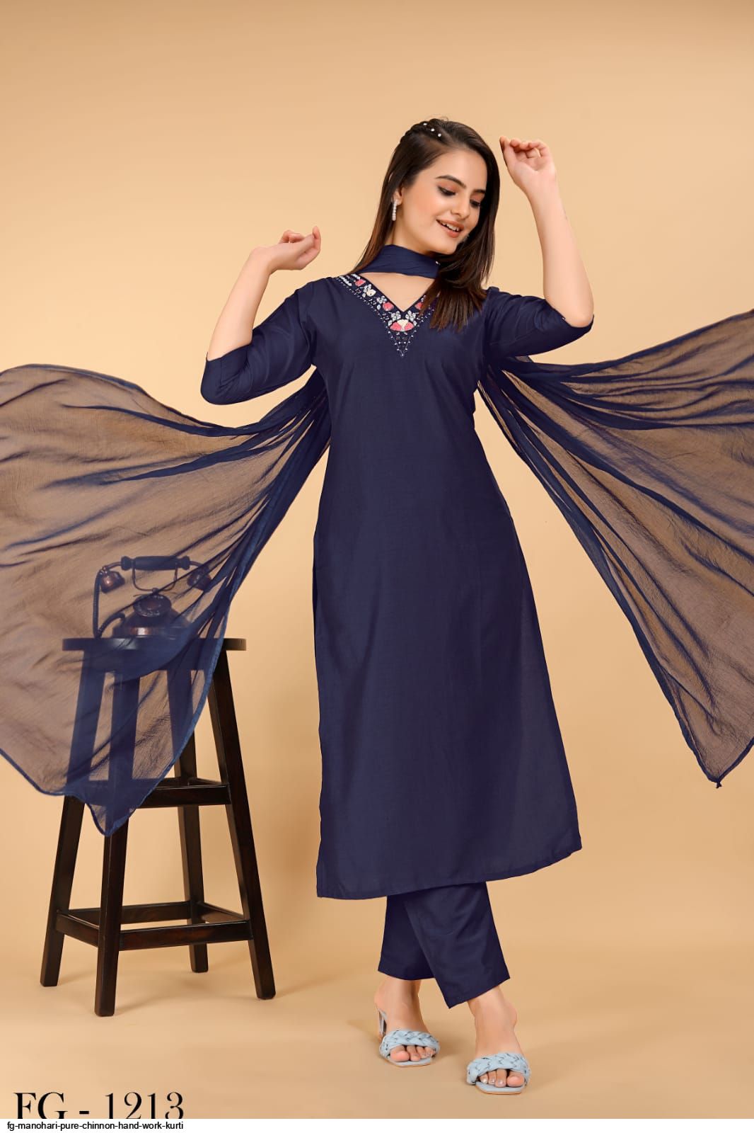 FG MANOHARI Pure CHINNON Hand Work kurti