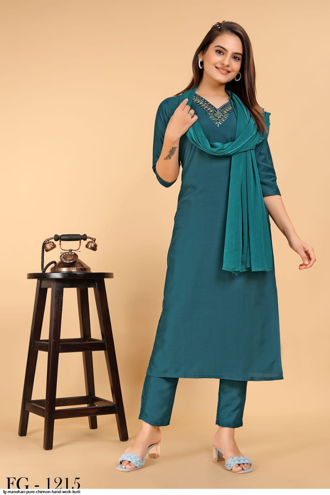 FG MANOHARI Pure CHINNON Hand Work kurti