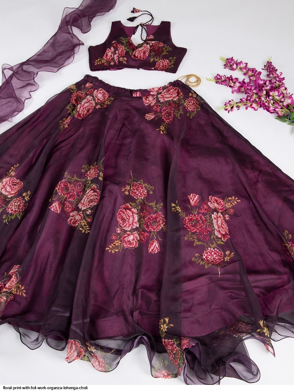 Floral Print With Foil Work Organza Lehenga Choli