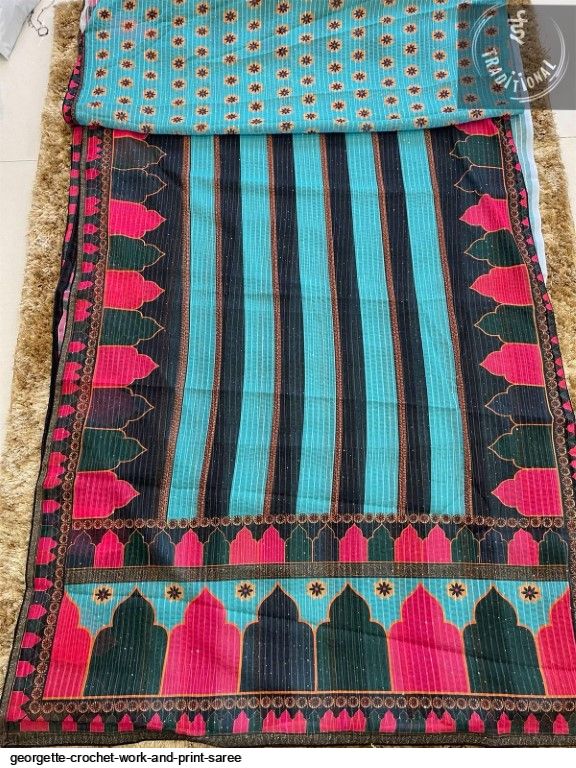 georgette crochet work and print saree