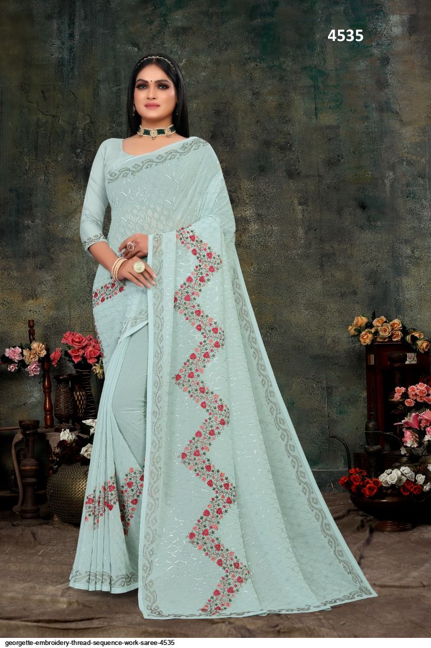 Georgette embroidery Thread Sequence Work saree 4535