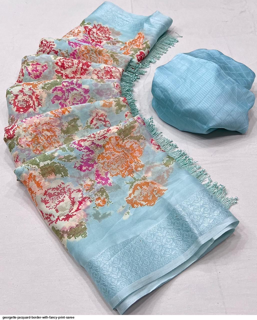 GEORGETTE JACQUARD BORDER WITH FANCY PRINT SAREE