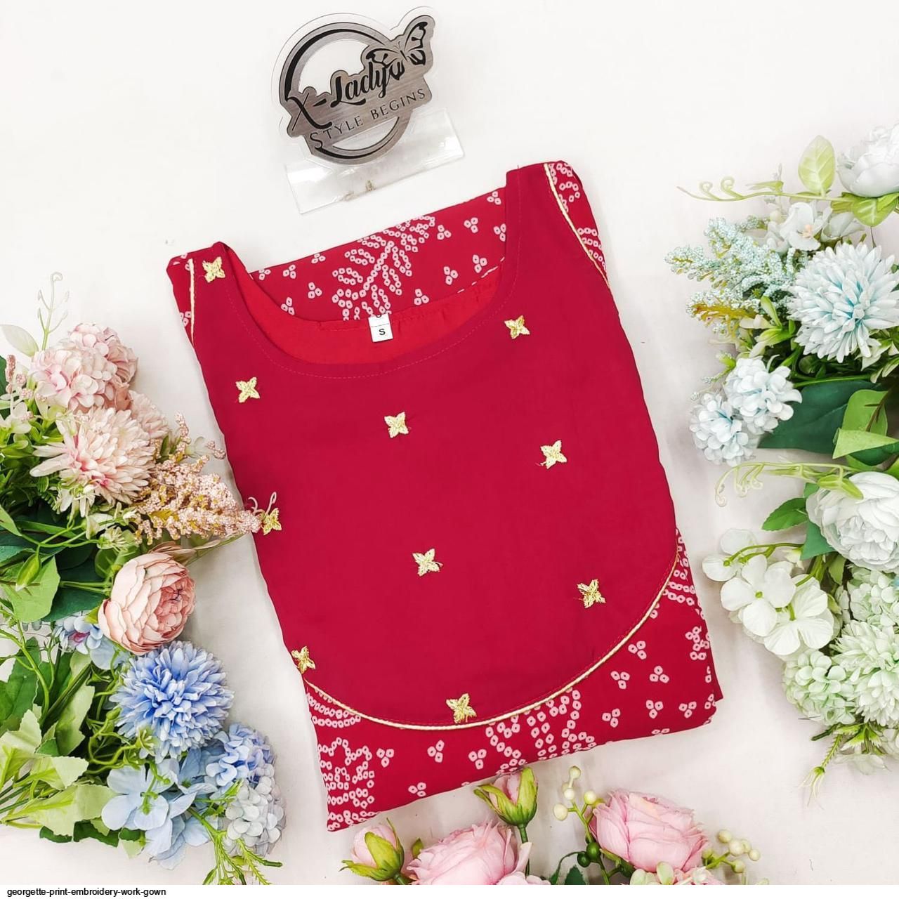 Georgette print embroidery work gown
