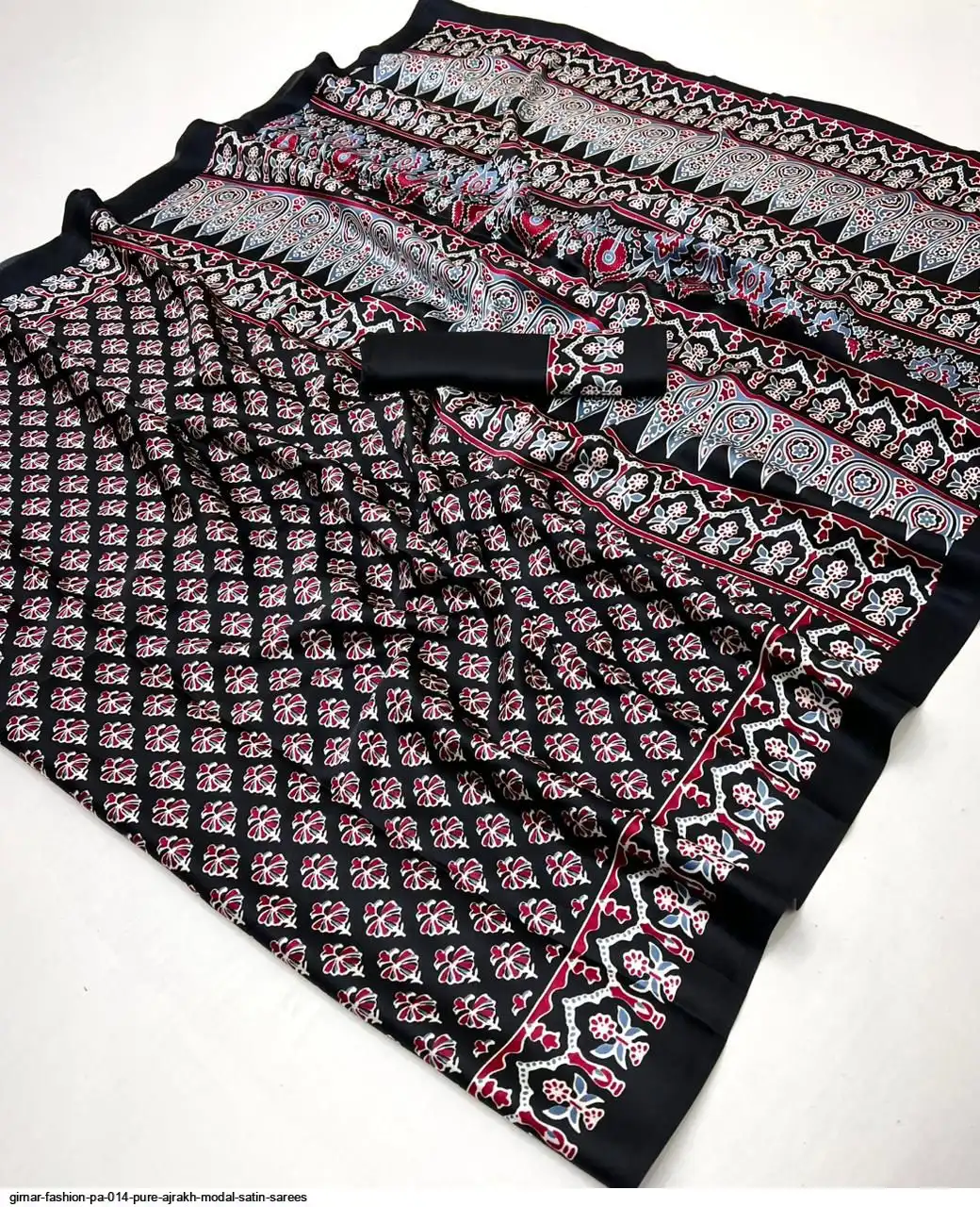 GIRNAR FASHION Pure Ajrakh Modal Satin Sarees