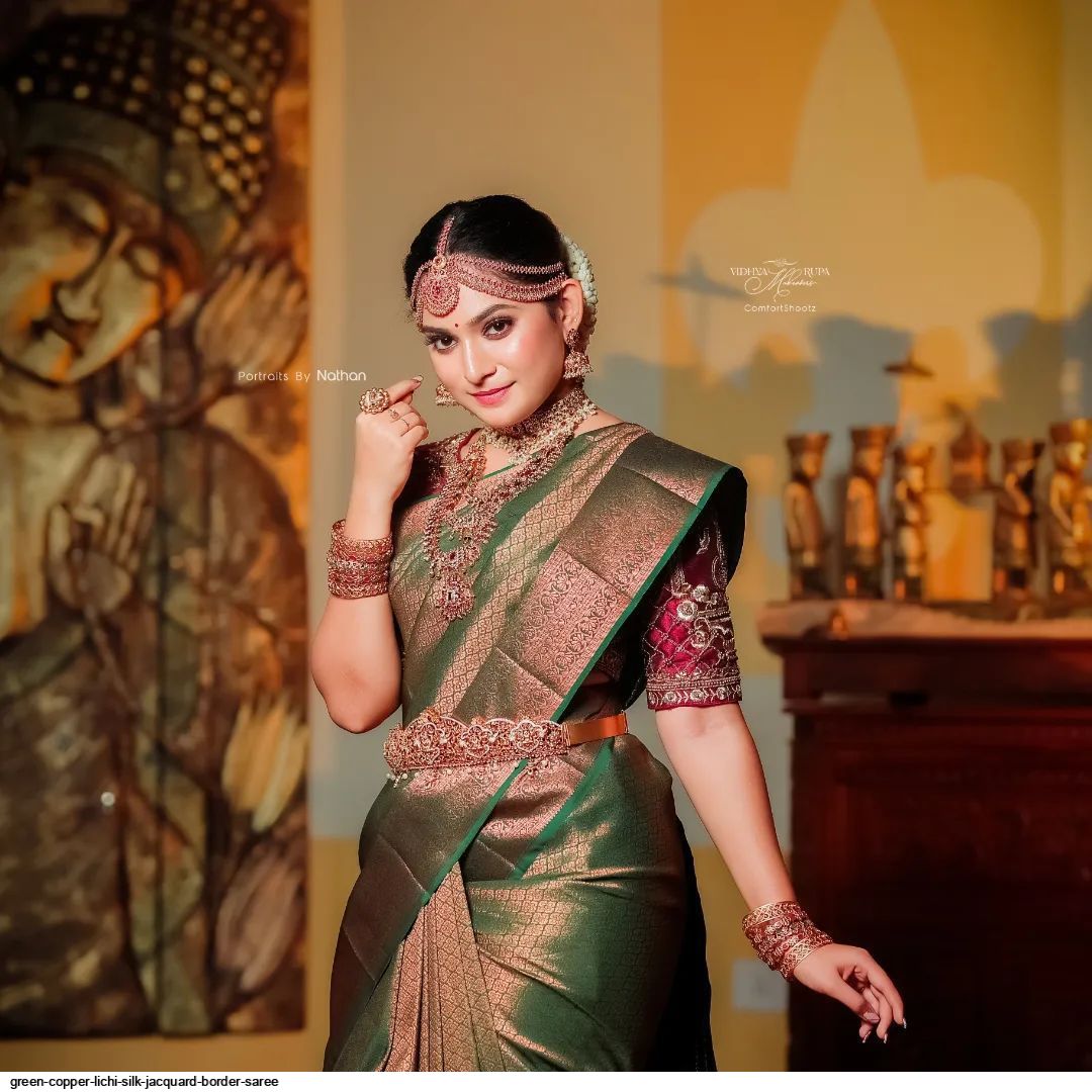 GREEN COPPER LICHI SILK Jacquard Border Saree