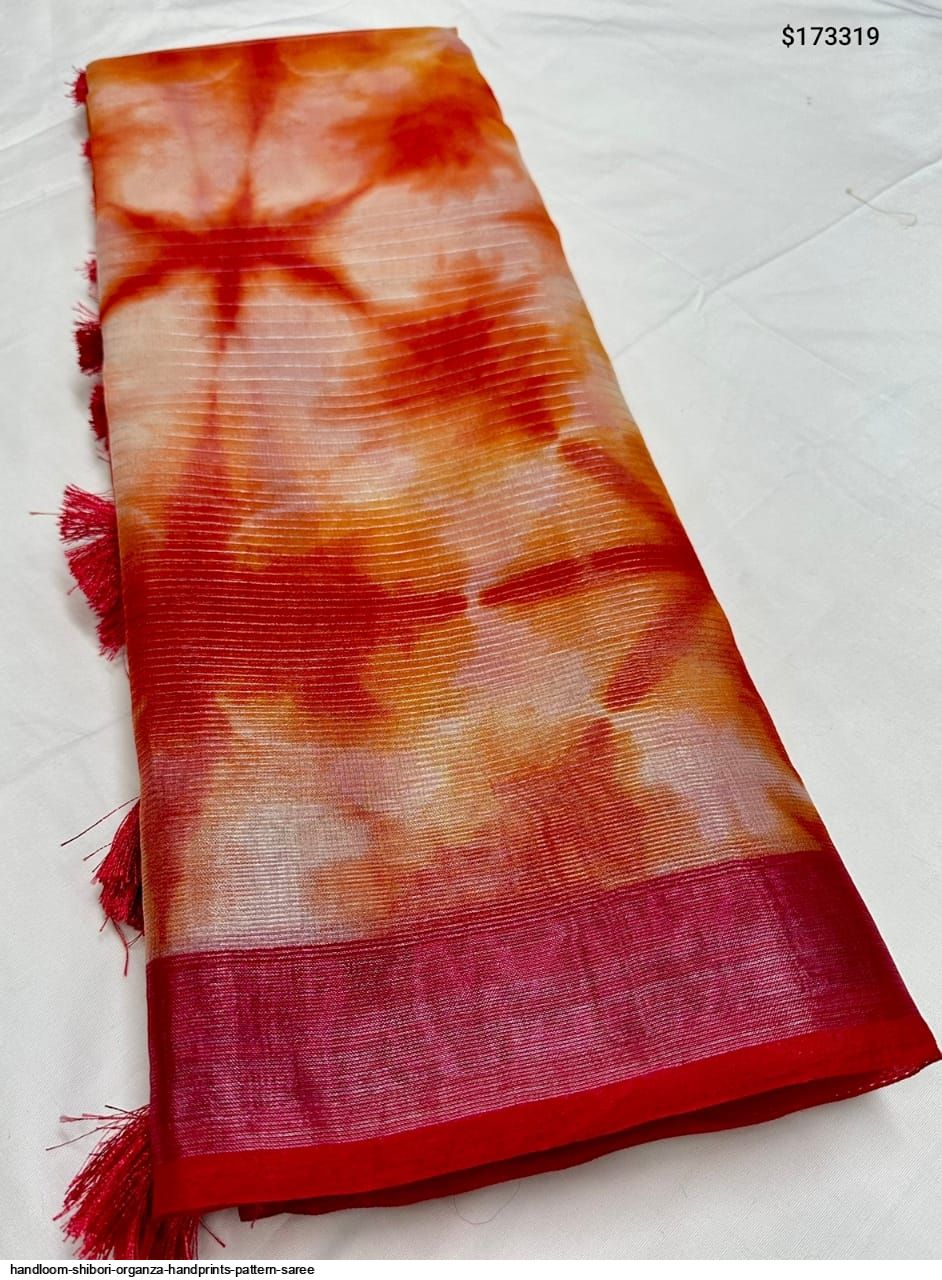 Handloom Shibori Organza Handprints Pattern saree