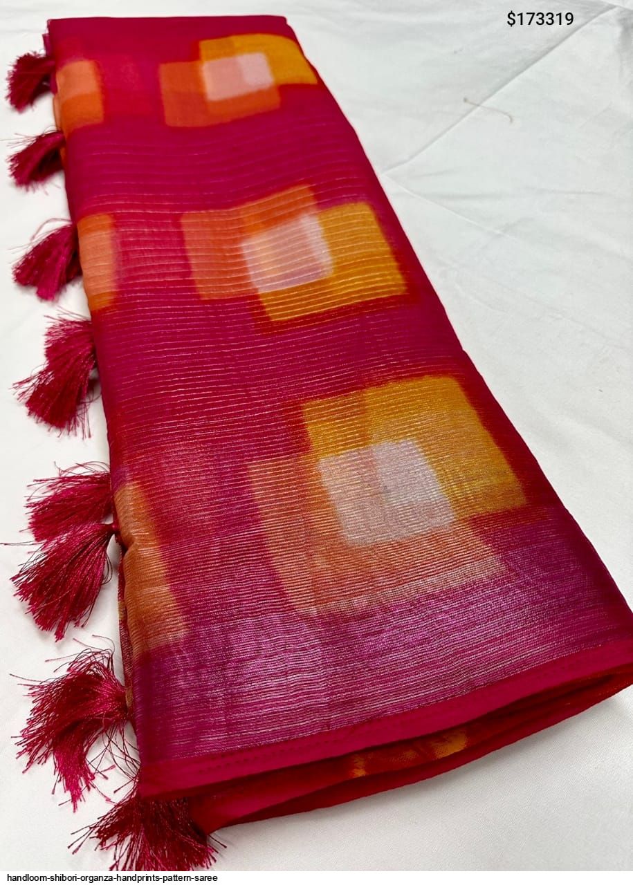Handloom Shibori Organza Handprints Pattern saree