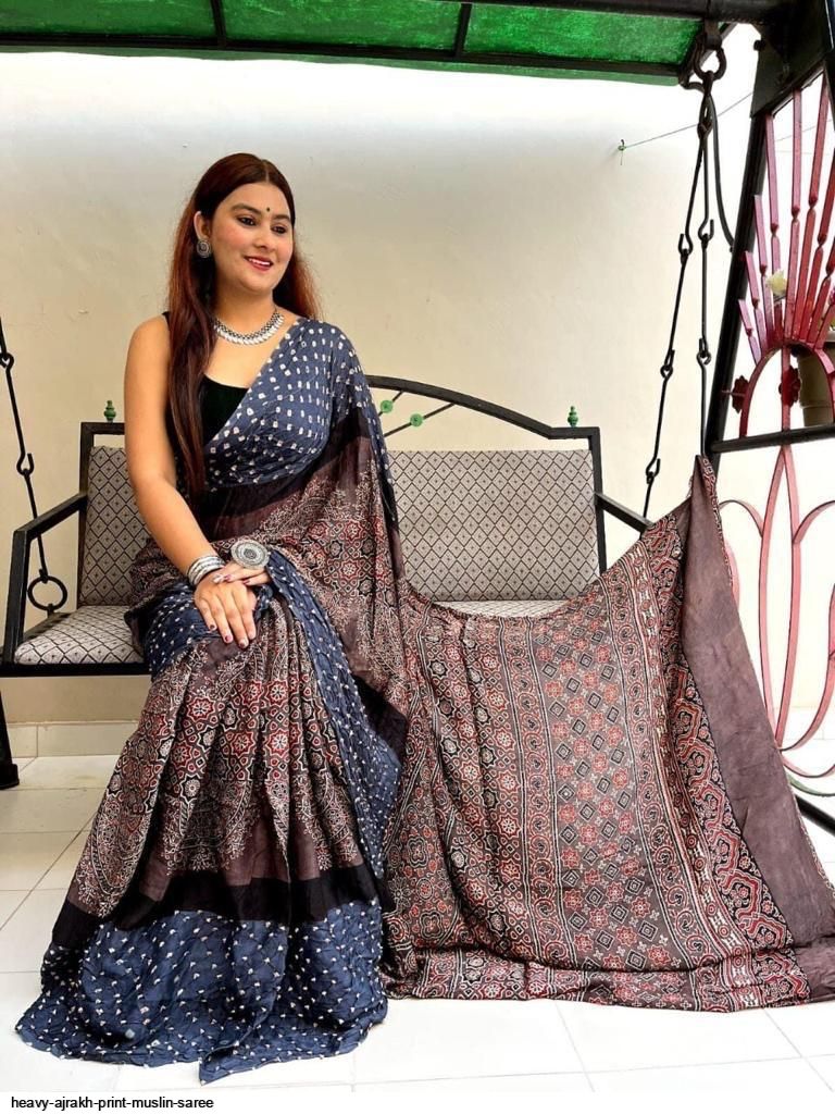 HEAVY AJRAKH PRINT MUSLIN SAREE