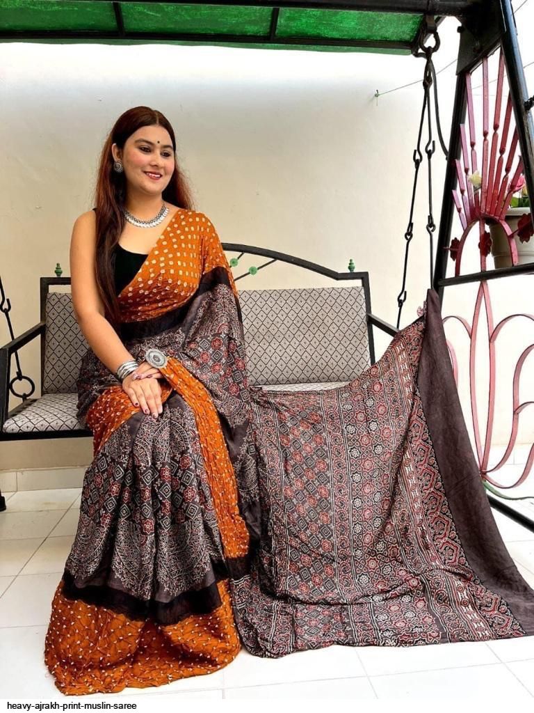 HEAVY AJRAKH PRINT MUSLIN SAREE