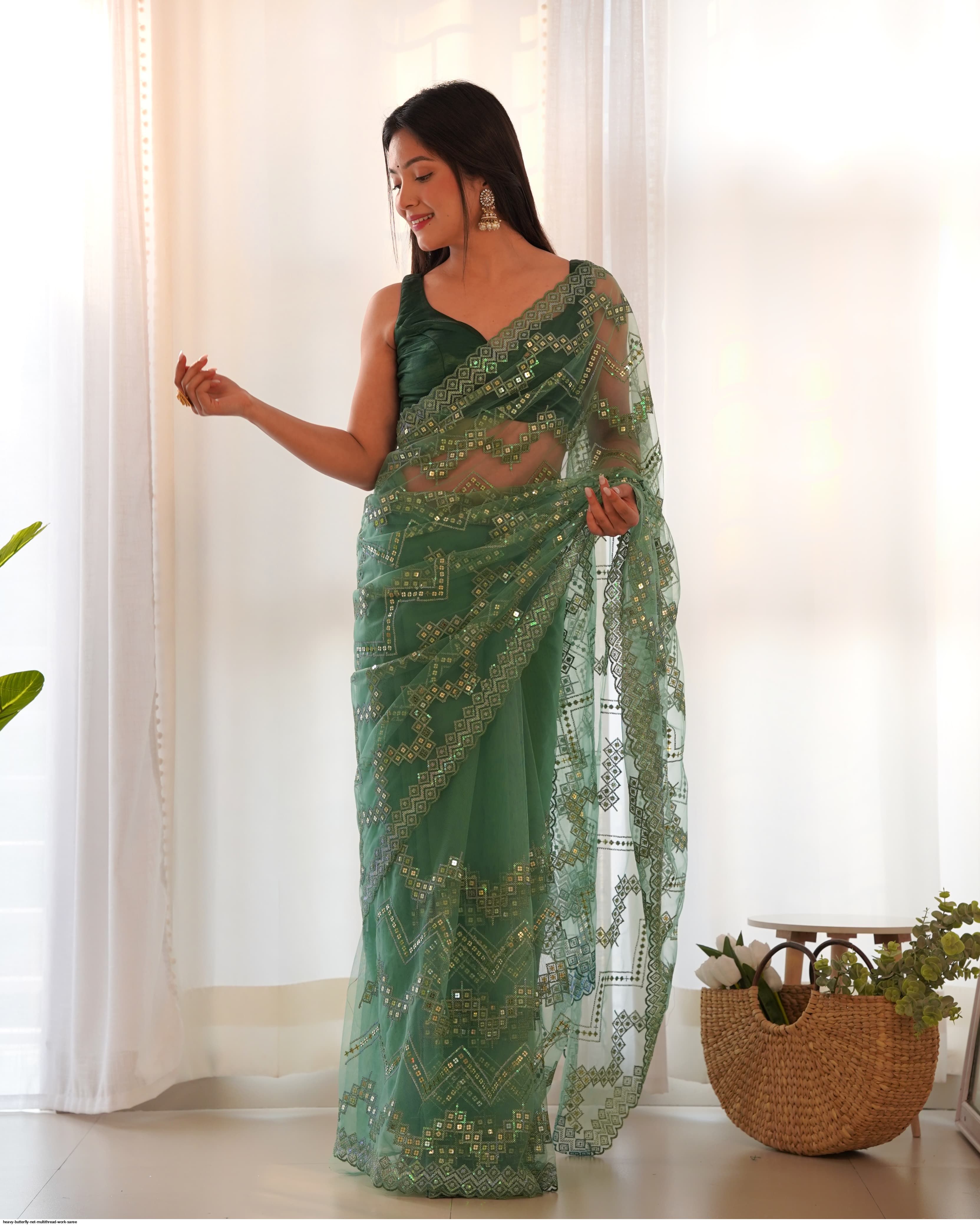 HEAVY BUTTERFLY NET MULTITHREAD WORK SAREE