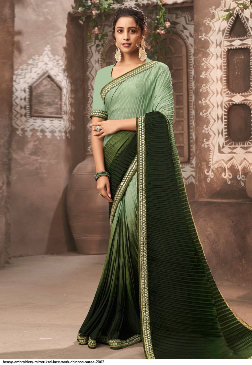 Heavy embroidery mirror kari lace work chinnon saree 2002