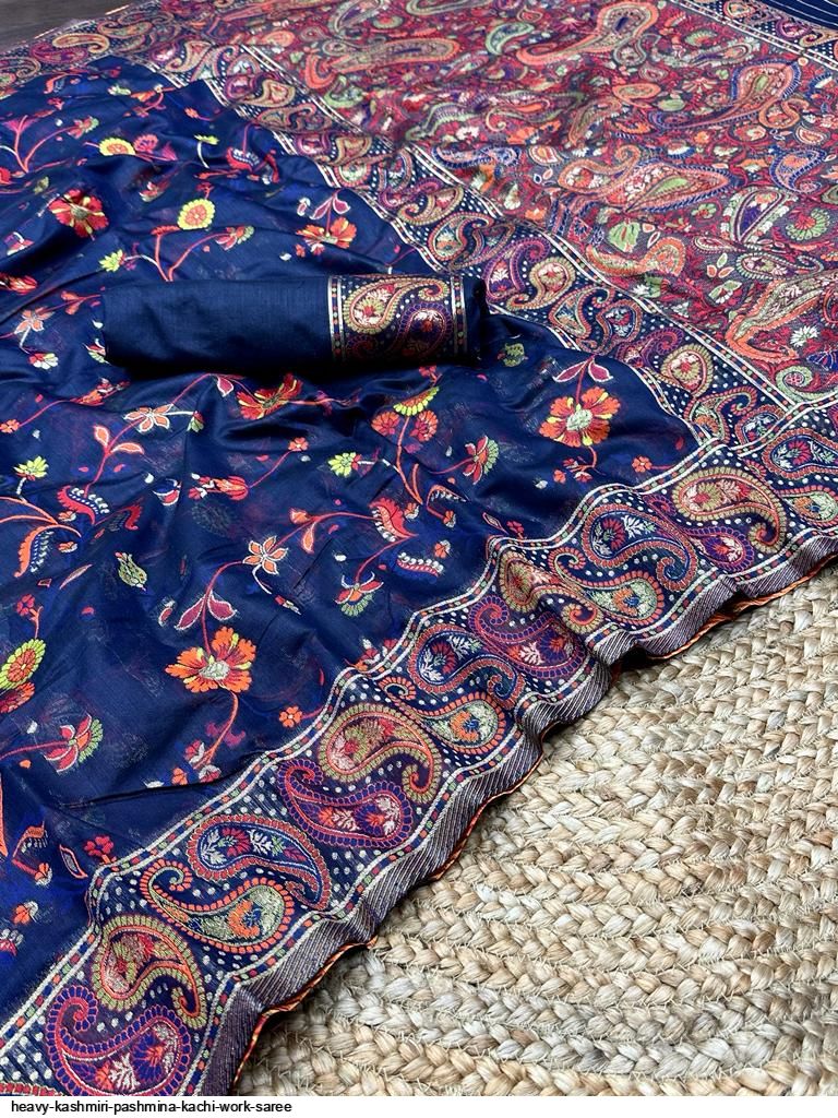 heavy kashmiri pashmina kachi work saree