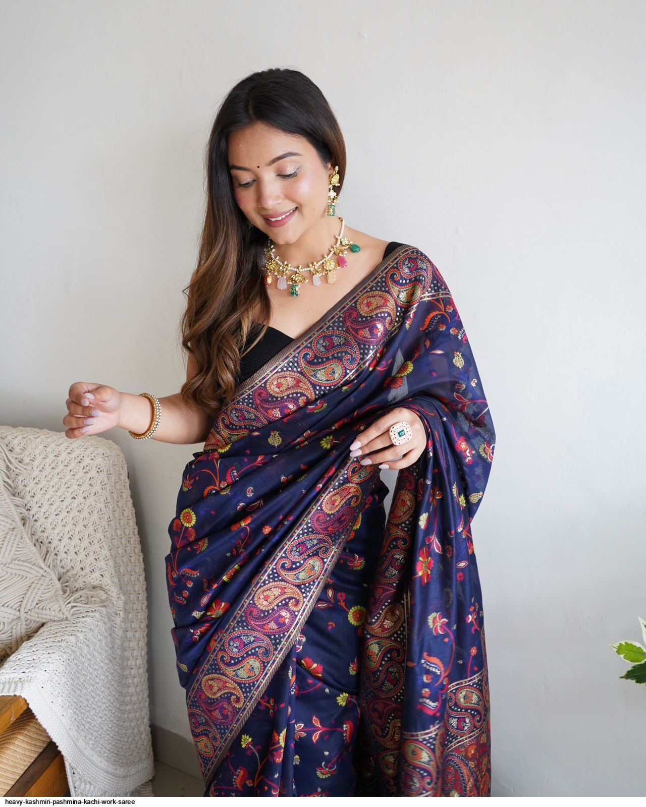 heavy kashmiri pashmina kachi work saree