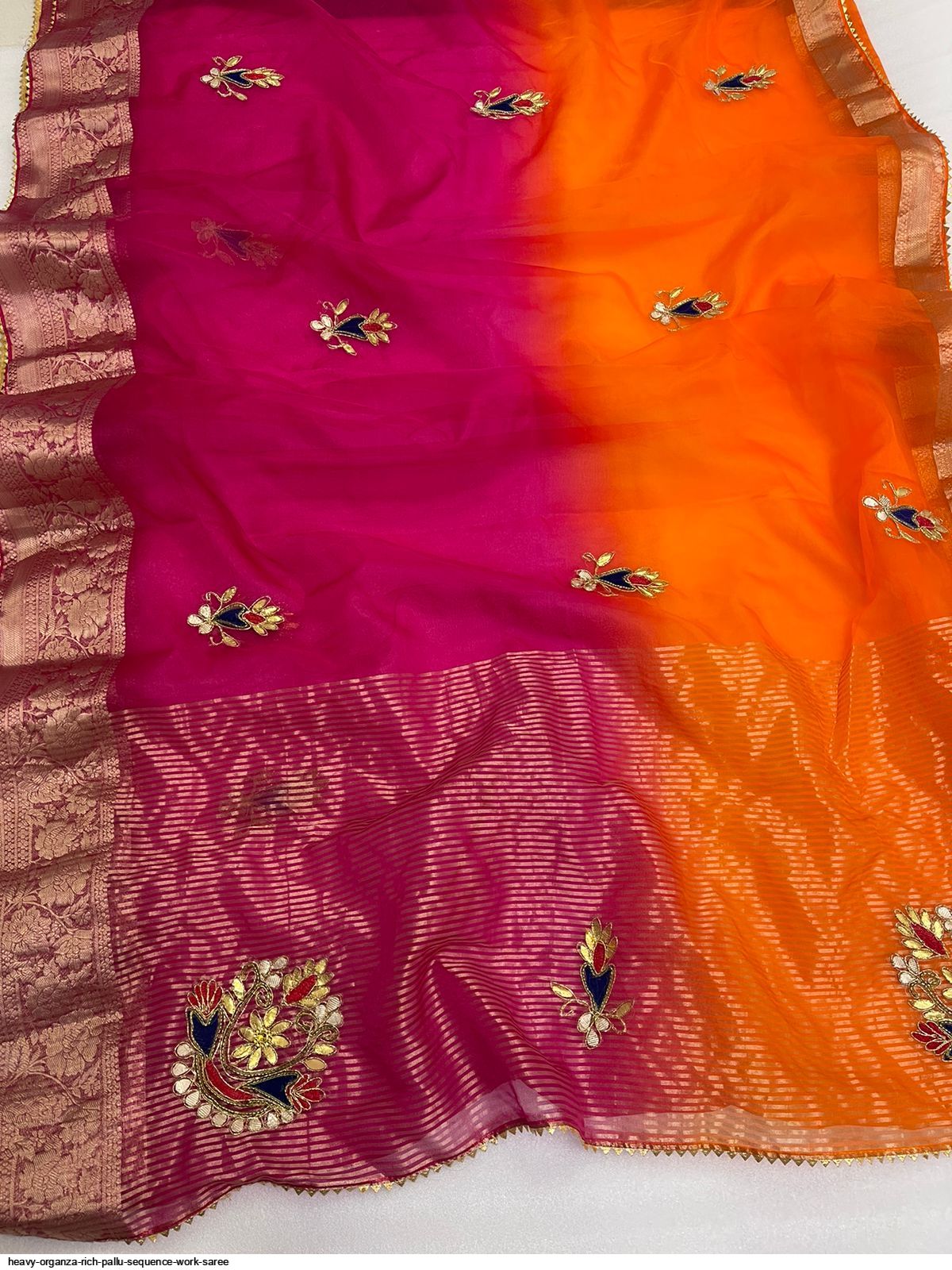 heavy organza rich pallu sequence work saree