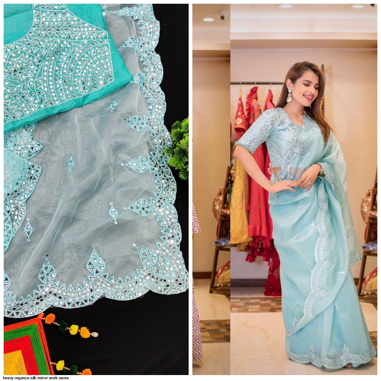 HEAVY ORGANZA SILK MIRROR WORK SAREE