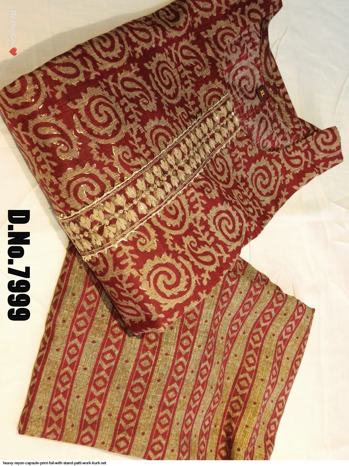 Heavy Reyon CAPSULE PRINT Foil With Stand Patti Work KURTI SET